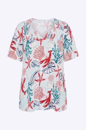 Ulla Popken Druckbluse Smok-Bluse maritimer Druck Tunika-Ausschnitt