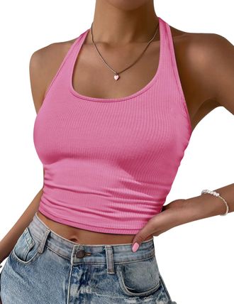 Ekouaer Neckholder Top Damen Crop Tops Rückenfrei Sommer Ärmellose U-Ausschnitt Oberteil Gestrickt, Rosa XL