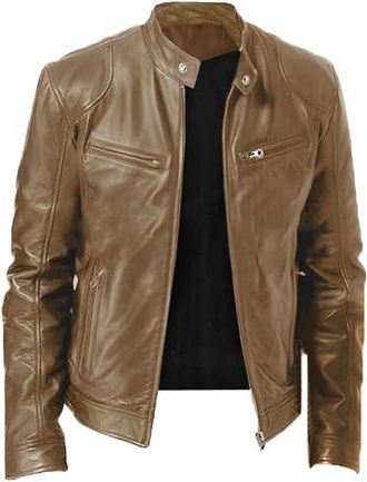 Generic Veste de loisirs légère pour homme - Veste en cuir marron aviateur - Col montant - Veste de transition imperméable - Veste dhiver bomber pour homme - 