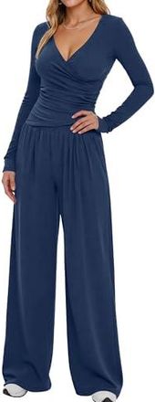 Feoya Tenue DInt&eacute;Rieu Femmes Ensemble Lounge Manches Longues Surv&ecirc;Tement Ensemble Deux Pi&egrave;Ces Tenue Loisirs Yoga Set Bleu XL