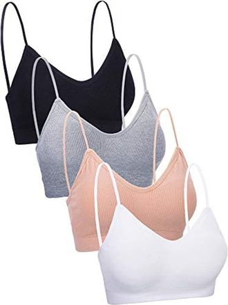Blulu 4 St&uuml;cke V Ausschnitt Cami BH Gepolstert Nahtlose Bralette Tr&auml;ger Schlafen BH f&uuml;r Frauen M&auml;dchen, Schwarz, Wei&szlig;, Grau, Hautfarbe, XX-Large