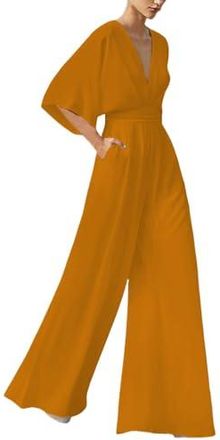 Generic Combinaison habill&eacute;e &agrave; manches pour femme - Col en V - Combinaison d&eacute;t&eacute; &eacute;l&eacute;gante - Jambe large - Manches 3/4 - Grenouill&egrave;re &agrave; jambes droites, Ye2., XX