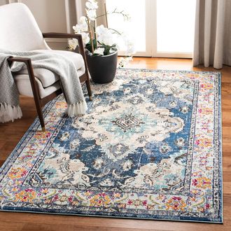 Safavieh Boho Teppich für Wohnzimmer, Esszimmer, Schlafzimmer - Monaco Collection, Kurzer Flor, Marineblau und Hellblau, 122 X 170 cm