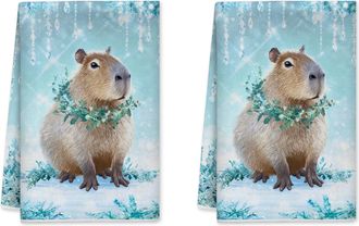 Generic Capybara K&uuml;chent&uuml;cher, Fantasievoller Kranz, Schnee, Winter, Blau, weiche Lappen f&uuml;r die Reinigung von Haus, Arbeitsplatte, Dekoration, 40,6 x 61 cm, 