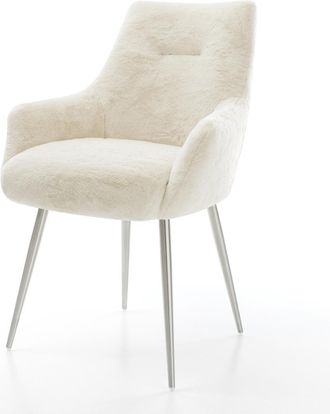 DELIFE Esszimmerstuhl Alja-Flex mit Armlehnen Plüsch Creme-Weiß 4-Fuß konisch Edelstahl Taschenfederkern, Esszimmerstühle