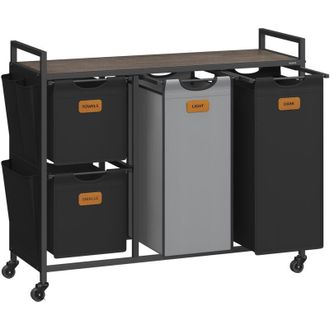 Vasagle Vasagle - Panier &agrave; linge 150 L - 4 compartiments avec &eacute;tag&egrave;res et poches lat&eacute;rales - Acier et tissu Oxford - Roulettes verrouillables