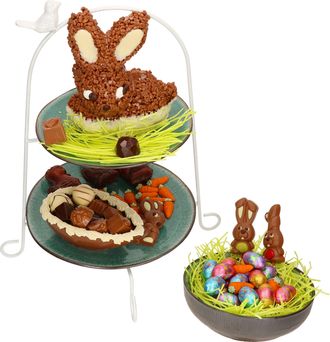 MamboCat Etagere Reactive Glaze Green mit Schale I H&ouml;he 42 cm I Gr&uuml;ne Teller + Sch&uuml;ssel mit wei&szlig;em Gestell I 2-st&ouml;ckige Etagere mit Vogel I 2-stufig, Servierpl