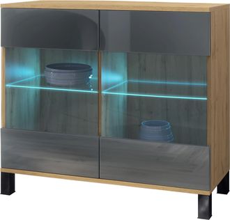 Vladon Kommode Bari V3, Moderner Küchenschrank mit 2 großen Glastüren inkl. RGB Beleuchtung Eiche Evoke/Grau Hochglanz (92,5 x 84.5 x 35)