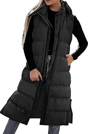 Generic Vestes dhiver sans manches pour femme 2026 - Manteau long &agrave; capuche chaud avec poches - Veste dext&eacute;rieur matelass&eacute;e &agrave; fermeture &eacute;clair, Noir, XL