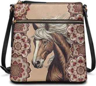 Coloranimal Sac &agrave; bandouli&egrave;re pour femme - Sac &agrave; bandouli&egrave;re &agrave; fermeture &eacute;clair - Sac &agrave; bandouli&egrave;re l&eacute;ger en cuir synth&eacute;tique, Cheval Mandala Vintage