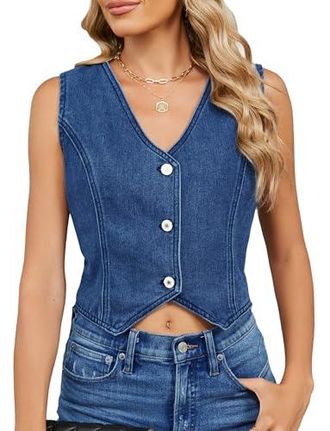 Feoya Gilet en Jean Femme Veste en Denim Boutonn&eacute; Adulte Blouson Court sans Manches Col V D&eacute;contract&eacute; Jacket Outwear Bleu M