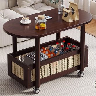 Generic Landhaus Couchtisch mit Stauraum, Ovaler Wohnzimmertisch mit Zwei Ebenen und Drehbaren Rollen, for Tassen, Bücher, Snacks und Zeitschriften