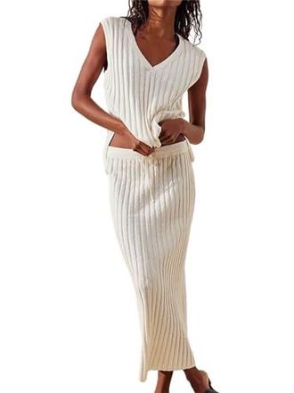 Generic Ensemble chandail 2 pi&egrave;ces pour femmes, coupe d&eacute;contract&eacute;e, d&eacute;bardeur sans manches &agrave; col en V et jupe longue moulante en tricot, bleu, taille M pour u