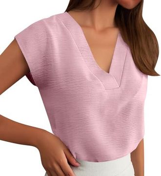 Generic Haut à manches courtes texturées pour femmes, chemises habillées et décontractées à col en V 2025, rose clair, XXL