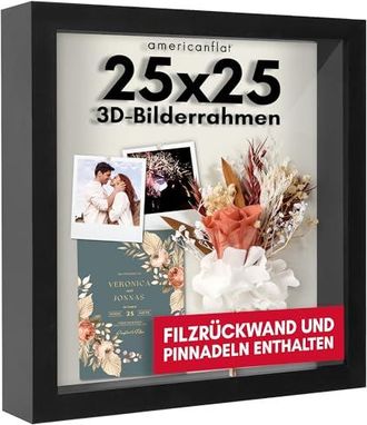 Americanflat 3D-Bilderrahmen zum Befüllen - 25x25 cm - tiefer Objektrahmen mit weichem Leinentuch als Rückwand - MDF-Holzrahmen mit bruchsicherer Scheibe und Aufhä