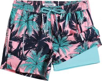 Maamgic Herren Badehose mit Kompression Badeshorts 2 in 1|14cm Innenl&auml;nge Schnelltrocknend l&auml;ssige Swim Shorts Kurz Boardshorts mit Innenhose Rei&szlig;verschlussta