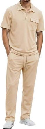 Generic Tenue d&eacute;contract&eacute;e &agrave; manches courtes pour homme avec chemise et pantalon de couleur unie 2 pi&egrave;ces avec poches, beige, S