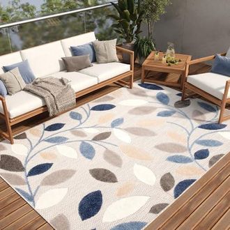 Tapiso Patio Tapis Ext&eacute;rieur Int&eacute;rieur Terrasse Balcon Jardin dhiver Cuisine Salon Moderne Beige Bleu Gris Feuilles Aspect 3D R&eacute;sistant aux Intemp&eacute;ries Oeko-