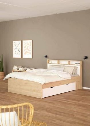 Dmora Doppelbett Blanchette, Struktur des Lagerbetts, Sommier mit Abdeckung, Bettrahmen aus Stoff, 206x150 h97 cm, Eiche und Wei&szlig;