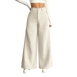 Generic Pantalon en velours c&ocirc;tel&eacute; pour femme - Jambes larges - Pantalon de travail - Coupe ample - D&eacute;contract&eacute; - Taille &eacute;lastique - 33, beige, XXL