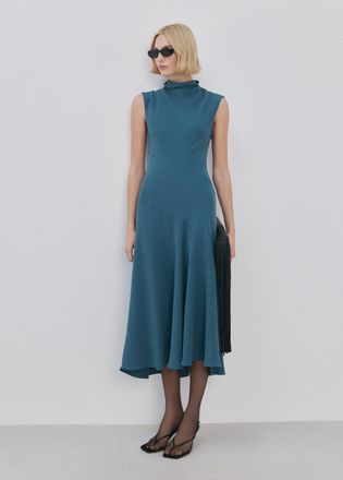 Mango Langes Kleid mit drapiertem Kragen blau - Damen - XS - MANGO