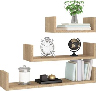 Generic 3X Wandregal U-f&ouml;rmig, H&auml;ngeregal, Lounge B&uuml;cherregal, Wandboard Dekoregal, Schweberegal, CD/DVD Regal, Wand Deko, Holzwerkstoff(Sonoma-Eiche 60x15x10