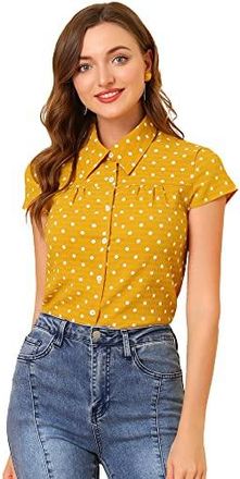 Allegra K Chemise Vintage à Manches Courtes à Pois pour Femmes Jaune 3XL