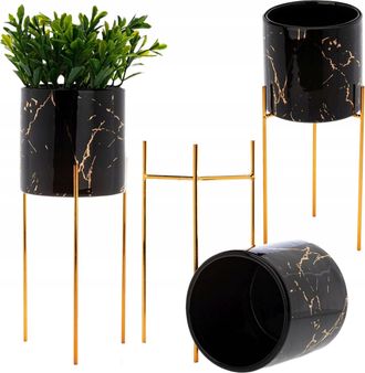 HowHomely Keramik Blumentopf mit Metallständer 28 x 11,5 cm für Wohnzimmer - Deko Blumenübertopf mit Pflanzschale Rund 11 cm Ø Schwarz-Gold Übertopf