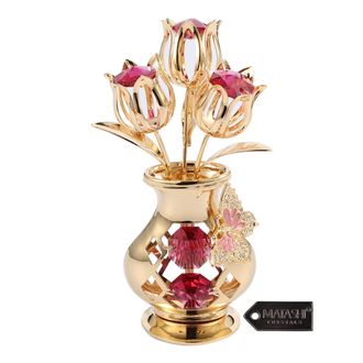 Matashi Crystals 24K Gold Plated Flowers In A Vase Table Top Ornament with Clear-Cut Crystals by