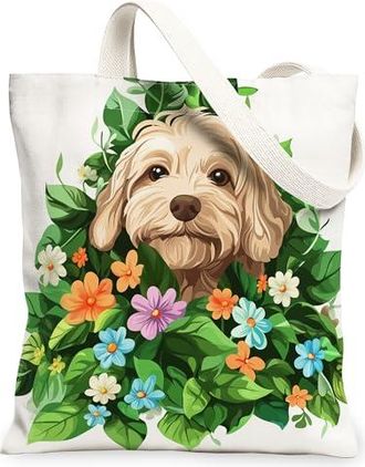 Generic Sac fourre-tout en toile motif chien cavachon printanier 33 x 38,1 cm, sac d&eacute;picerie r&eacute;utilisable avec motif imprim&eacute; de plantes, fleurs, chiots pour f