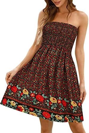 Generic Robe boh&egrave;me 2026 pour femmes, robe haut sans bretelles, d&eacute;contract&eacute;, sans bretelles, robe d&eacute;t&eacute; unie, robe de plage fluide mi-longue, Noir, XL