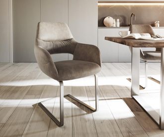 DELIFE Freischwinger Yago-Flex mit Armlehnen Mikrofaser Taupe Vintage Freischwinger flach Edelstahl Taschenfederkern, Esszimmerst&uuml;hle