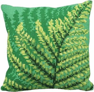 Collection D'Art Collection dArt Grüner Farn Stickkissen Kreuzstich-Set, Baumwolle, GR/xfcn, 40 x 40 cm