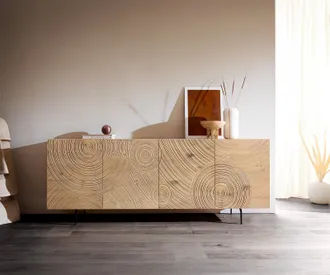 DELIFE Sideboard Ashara 200 cm Eiche Natur 3D Effekt 4 T&uuml;ren Winkelfu&szlig; Metall Schwarz, Sideboards