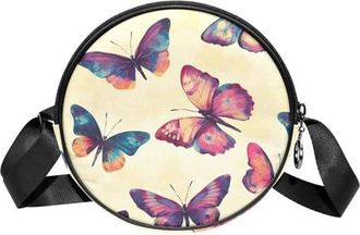 Generic Sac &agrave; bandouli&egrave;re rond pour femme, motif papillons aquarelle color&eacute;s, petit sac &agrave; bandouli&egrave;re avec fermeture &eacute;clair, bretelles r&eacute;glables, sac &agrave; main r
