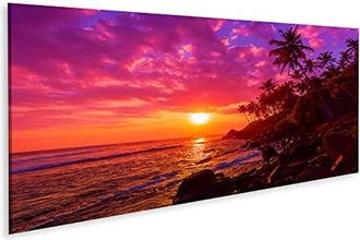 Islandburner Tableau sur toile Coucher de soleil sur la plage tropicale avec des silhouettes de palmiers Cadre Affiche Poster Murale Tableaux