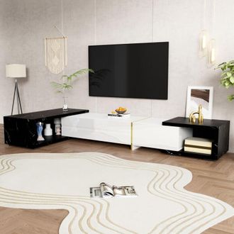 STILVORA Meuble TV Extensible Pivotant 140-260 cm avec Rangement, Marbre Noir, Fa&ccedil;ade Blanc Brillant, D&eacute;tails Dor&eacute;s, MDF, 140&times;40&times;30 cm