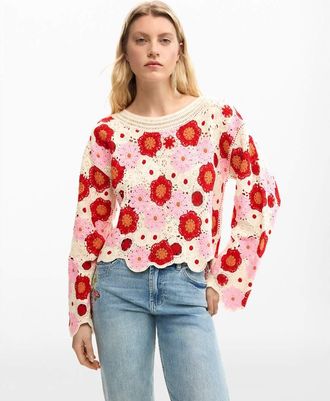 Desigual Pull au crochet avec fleur - Blanc