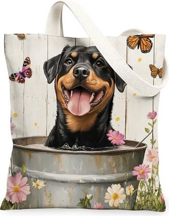 Generic Spring Rottweilers Sac fourre-tout en toile pour faire du shopping 33 x 38,1 cm, joli sac &agrave; bandouli&egrave;re r&eacute;utilisable en bois de fleur rustique pour fe