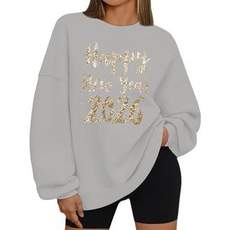 Generic Sweat-shirt du Nouvel An | Col rond 2026 | Sweatshirts dautomne décontractés pour femmes | Vêtements tendance pour les loisirs, gris, XXL
