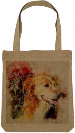 Fabulous Sac Shopping Tote Bag Aspect Lin - Peinture Portrait Gros Chien Beige Mignon Golden Retriever - Sac de Courses Toile Epaisse 360g Beige Naturel Cabas 