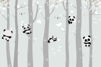 OEM Carta Da Parati Fotografica Per Bambini Con Simpatici Panda Sugli Alberi E Uccelli Dwk332 300x200
