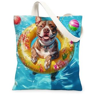 Generic Sac fourre-tout amusant en toile motif chien Pitbull pour faire du shopping, 33 x 38,1 cm, sac &agrave; bandouli&egrave;re r&eacute;utilisable pour femme, peinture danimau