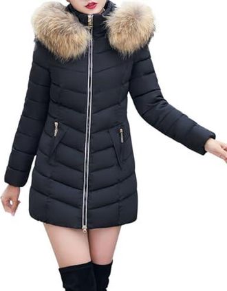 Generic Vestes pour femmes 2026 - Longueur moyenne - Coupe ajust&eacute;e - Grand duvet, Noir, XL