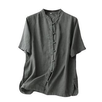 Generic Haut d&eacute;t&eacute; en lin pour femme, coupe ample, boutonn&eacute;e, manches courtes, l&eacute;ger, chinois, r&eacute;tro, boh&egrave;me, &eacute;l&eacute;gant, gris fonc&eacute;, XXL