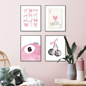 Generic 4 Bilder Rosa Schleife 21X30CM Poster Schlafzimmer Schlafsaal Discokugel &Auml;sthetische Bilderwand Wohnzimmer Leinwand Rosa Bilder M&auml;dchen Zimmer Poster 