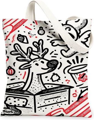 Generic Sacs fourre-tout en toile avec motif de renne de No&euml;l, motifs de vacances amusants, l&eacute;gers et lavables, sacs d&eacute;picerie pour voyage, shopping, blanc, 1