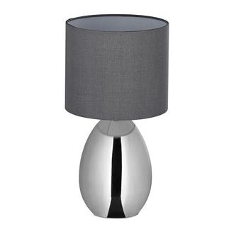Relaxdays Tischlampe, Metallfuß, Stoffschirm, E14, HxD: 33,5x18 cm, Nachttischlampe mit Kabel, Schlafzimmer, Silber/grau