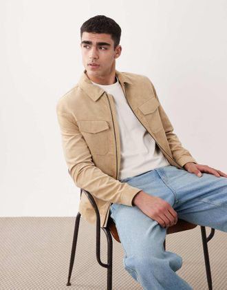 Mango Jacke aus Wildlederimitat in Steinbeige mit Rei&szlig;verschluss-Neutral