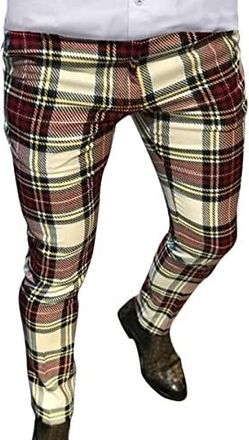 TOMWELL Pantalons Homme D&eacute;contract&eacute; &agrave; Carreaux Pantalon Classique Slim Pantalon Vintage Homme Taille Haute Pantalon Chino Rouge S